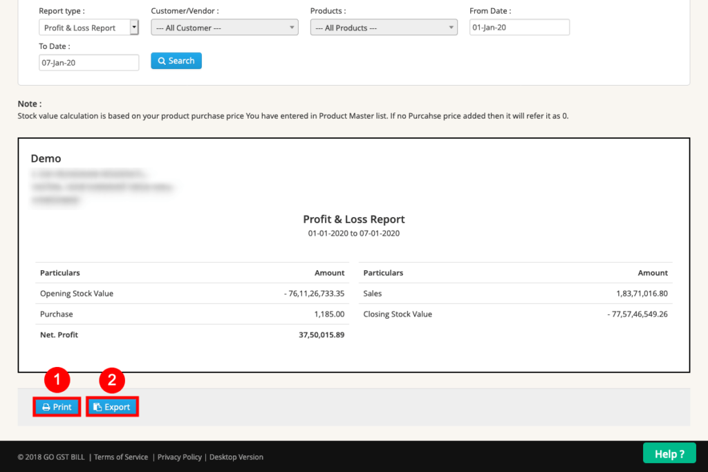 How to create Profit Loss Report. - 100% Free GST Billing Software For ...