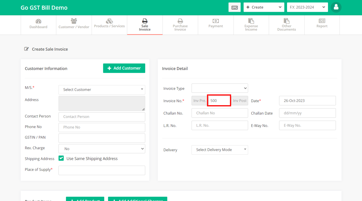 How to start invoicing from the custom number - 100% Free GST Billing ...