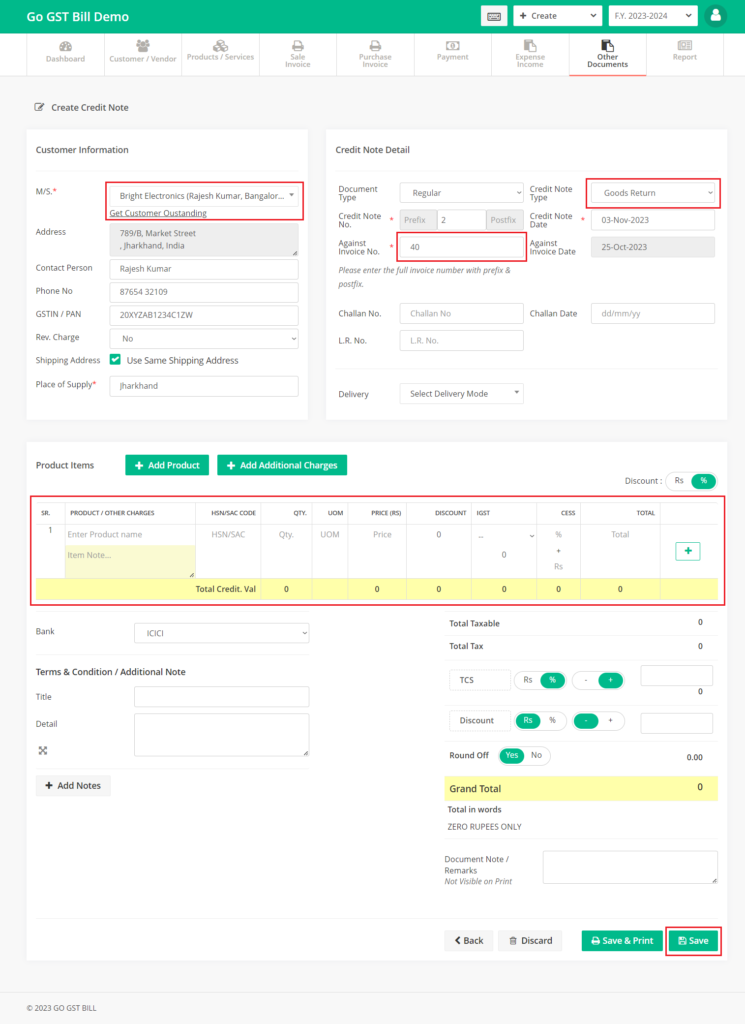How to create credit note (Sales Return) - 100% Free GST Billing Software For Every Businesses