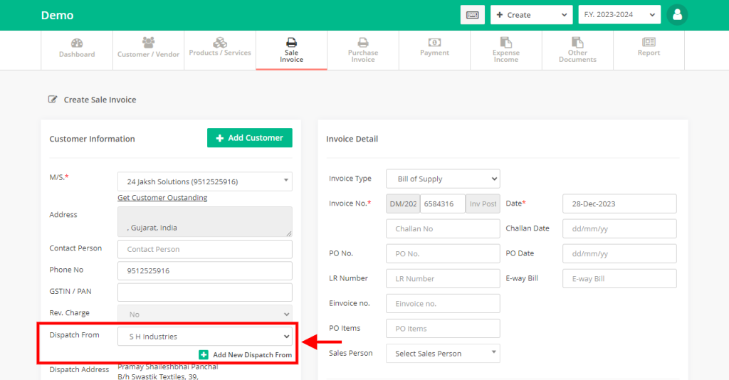 How to add dispatch address - 100% Free GST Billing Software For Every Businesses