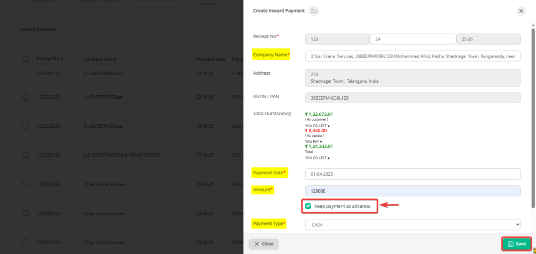 How to add advance Payment Entries - 100% Free GST Billing Software For Every Businesses